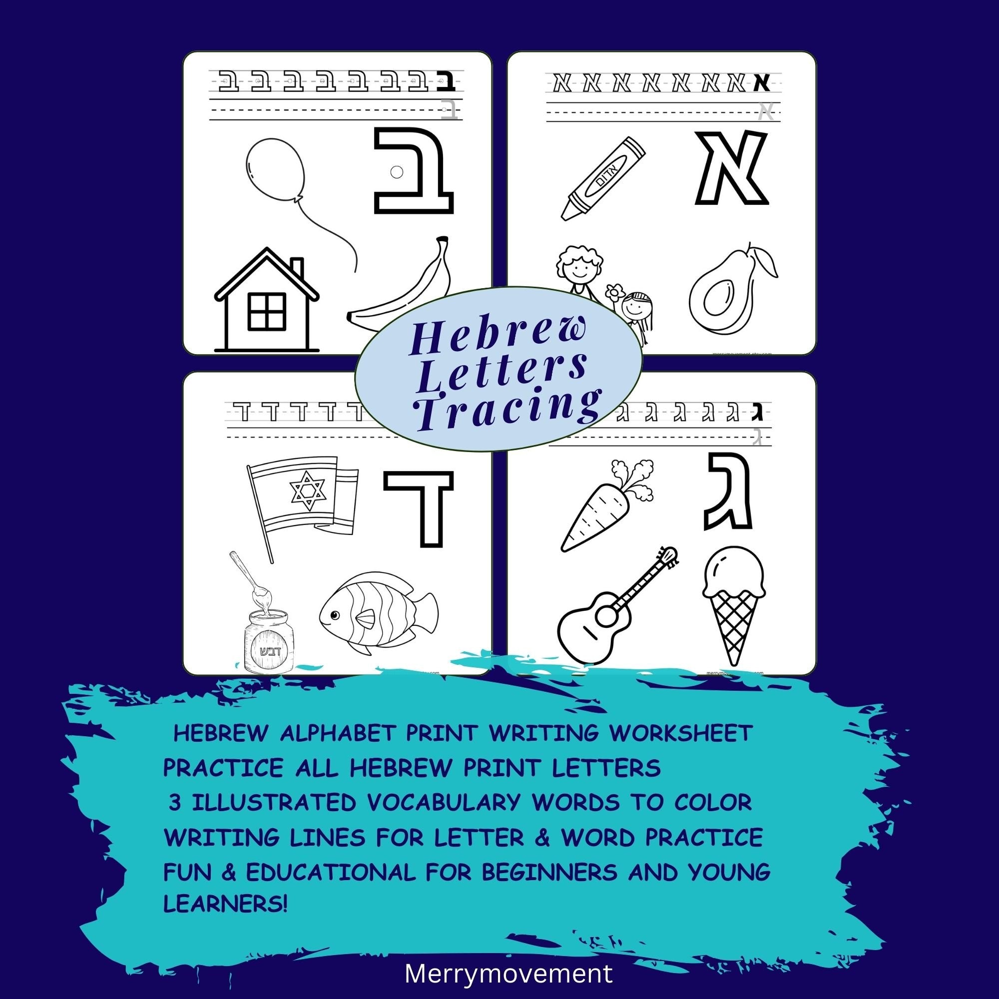 Hebrew Alef-Bet Tracing and Coloring Pages – Print Letters + Vocabular ...