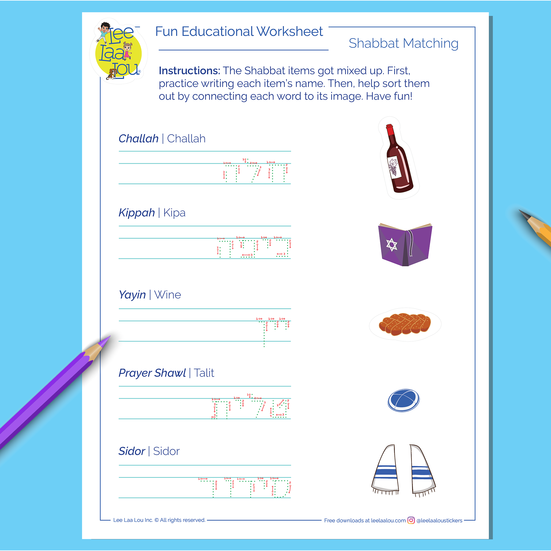Shabbat Worksheet - Matching – Lee Laa Lou