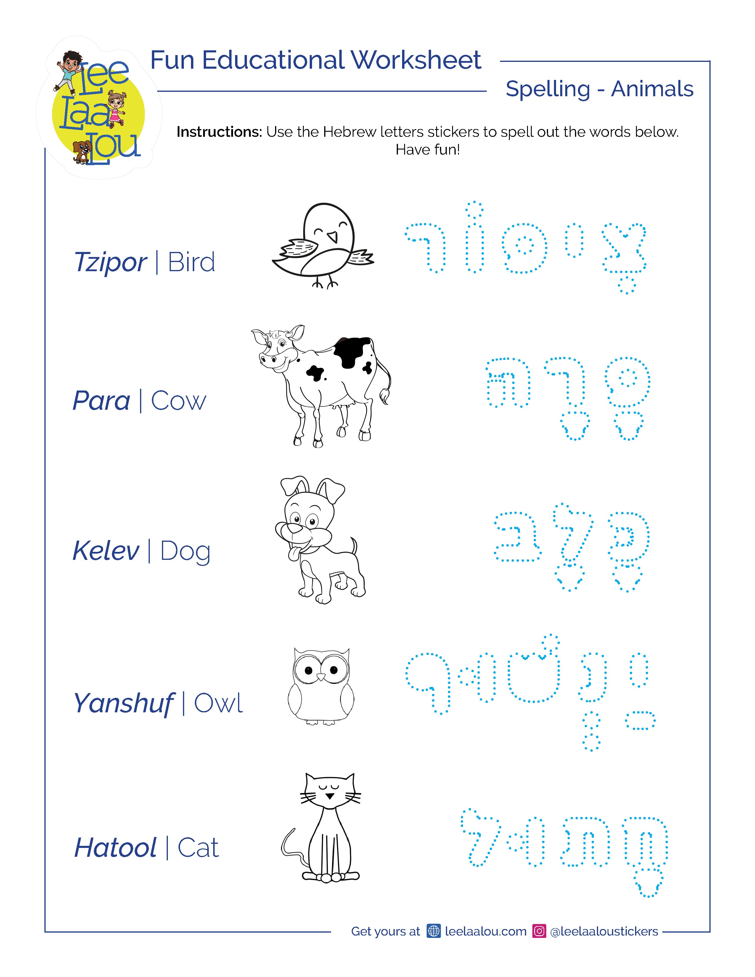 Animals Spelling Worksheet – Lee Laa Lou